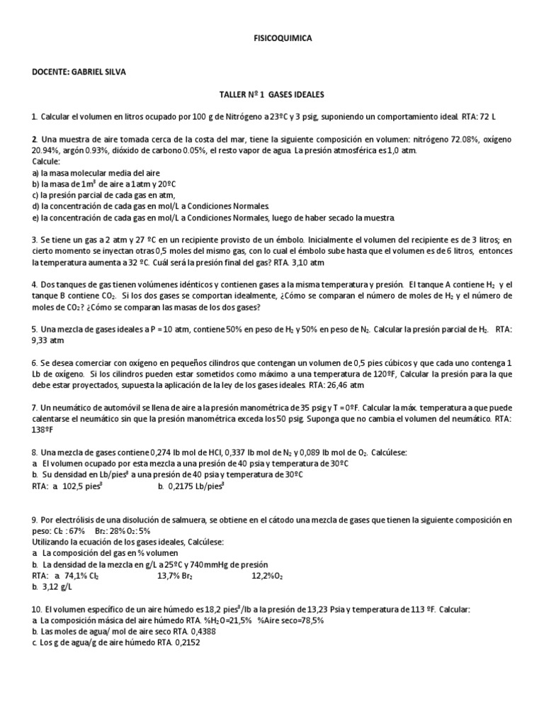 FISICOQUIMICA Taller 1 Gases Ideales | PDF | Gases | Dióxido de carbono