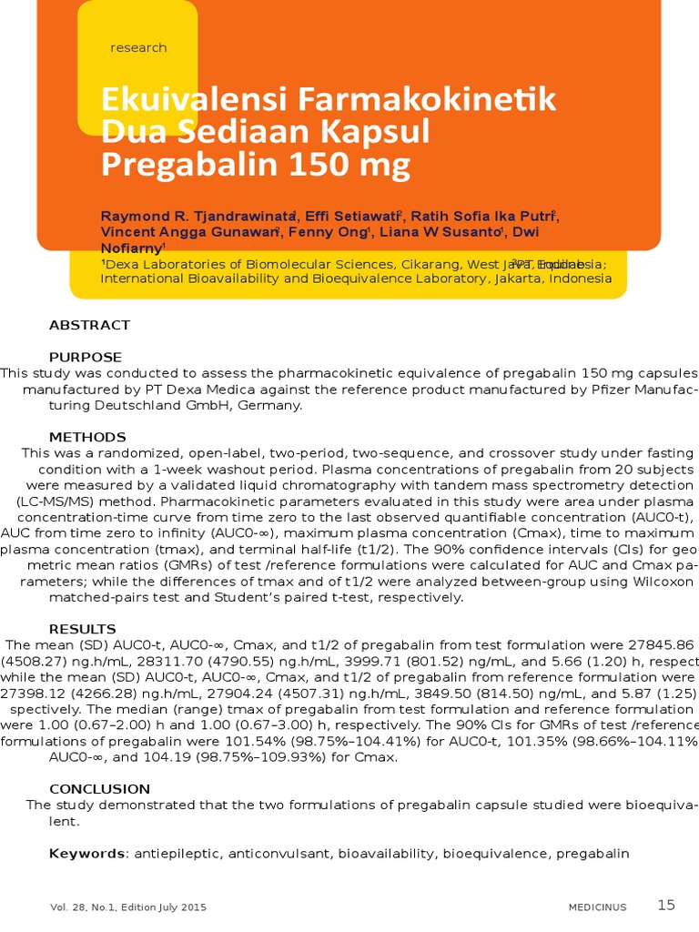 Farmakokinetik Dua Sediaan Kapsul Pregabalin 150 MG 1 | PDF | Pharmacy | Pharmacology