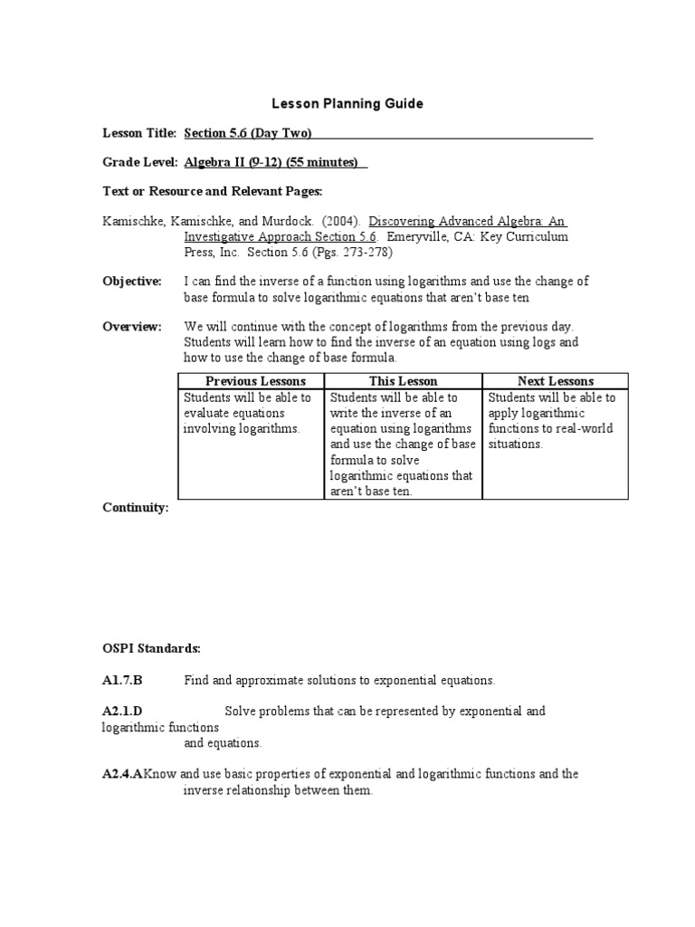 Algebra 2 Lesson 5.6 Day Two Final | PDF | Logarithm | Homework