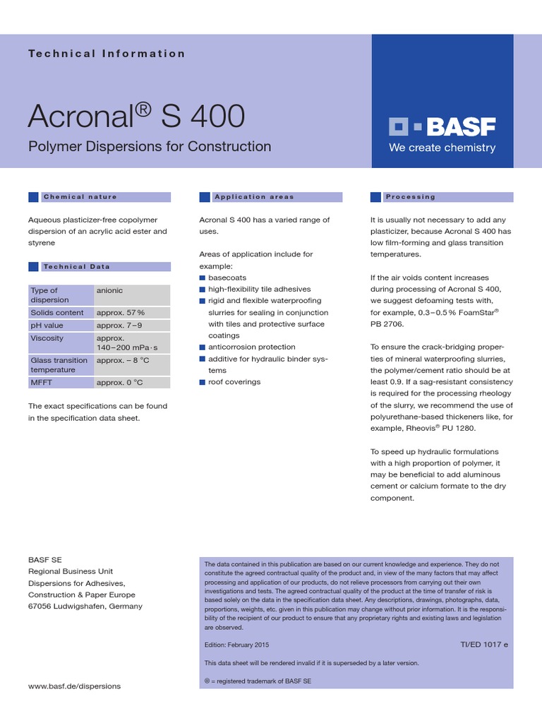 TI Acronal S 400 PDF | PDF | Glasses | Cement