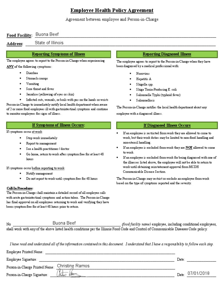 Employee Health Policy Agreement | PDF | Foodborne Illness | Foods