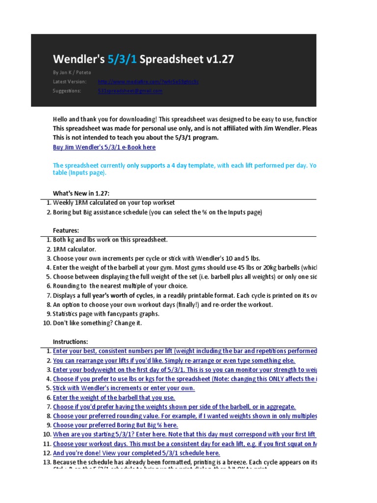Best Jim Wendler 5 3 1 Excel Spreadsheet by Poteto Jon K | PDF ...