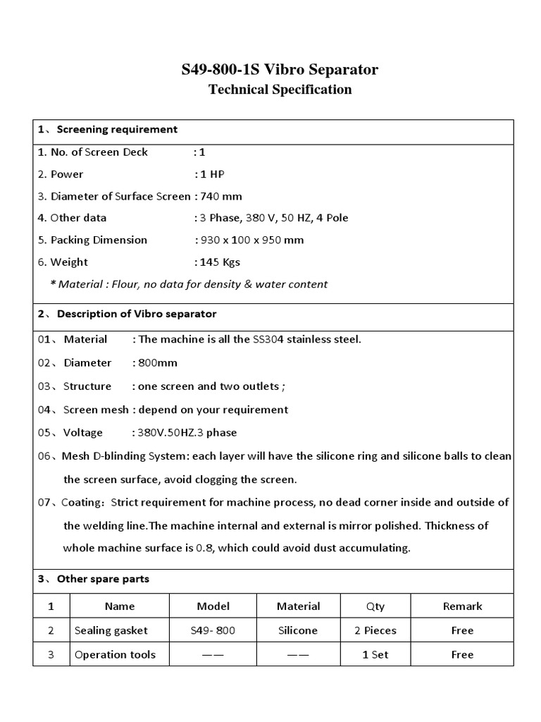 S49-800-1S Vibro Separator Specs | PDF | Industrial Processes | Applied ...