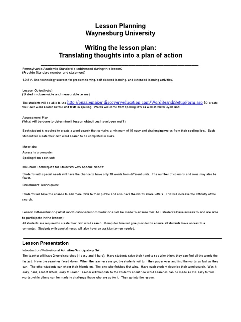 Word Search Puzzle Lesson Plan | PDF | Word Search | Special Education