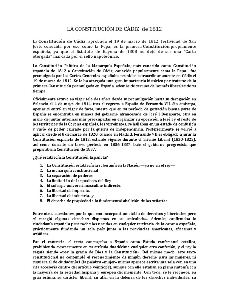 LA CONSTITUCIÓN DE CÁDIZ de 1812 | PDF | Gobierno | Agitación