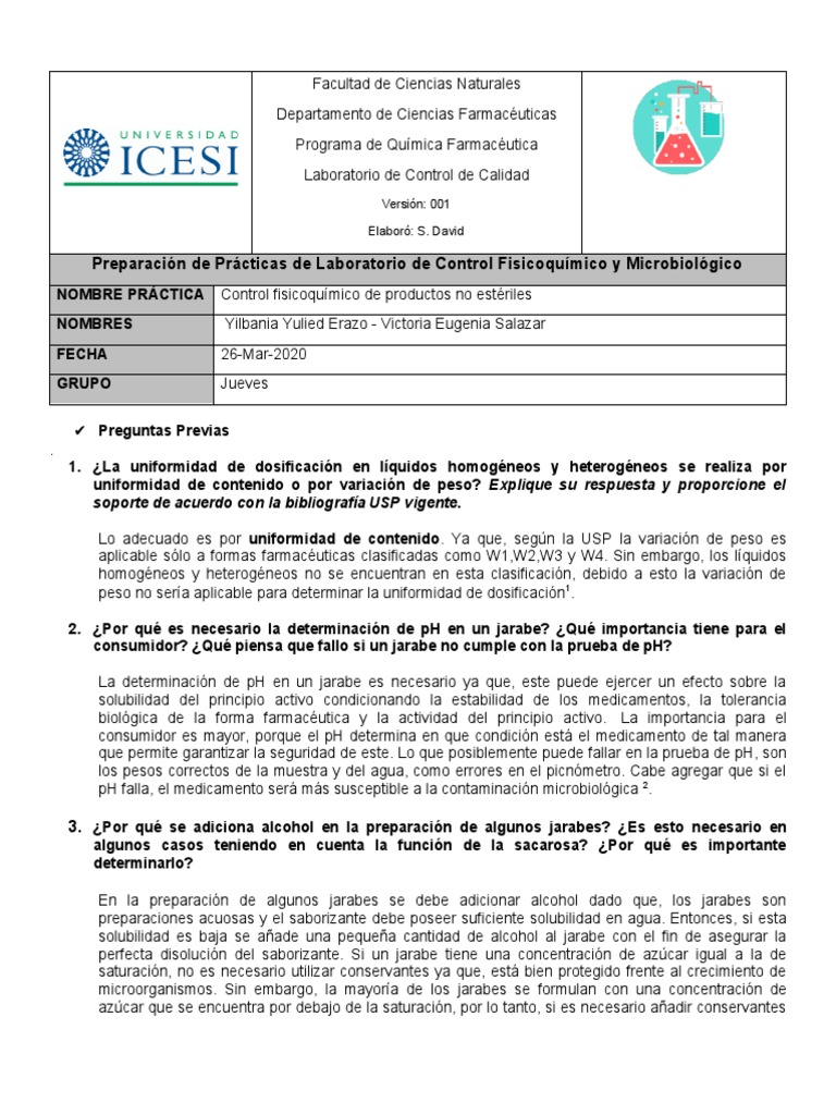 Y. Erazo, V. Salazar - Preparación Practica #6 Liquidos No Esteriles - G3, 20-1 | PDF ...