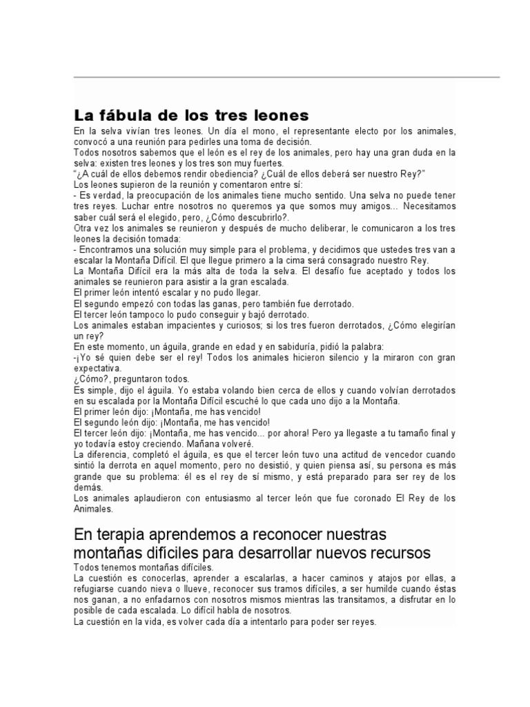 La fábula de los tres leones: reflexión | PDF | Libros para adolescentes