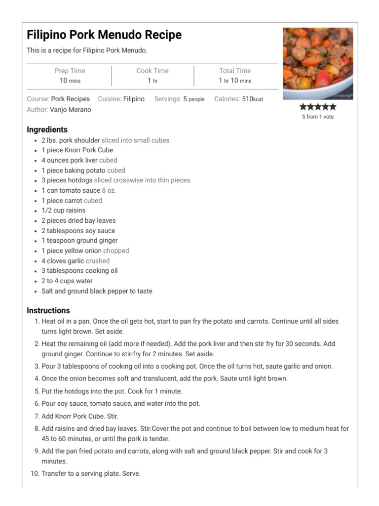 Filipino Pork Menudo Recipe Guide | PDF | Wellness