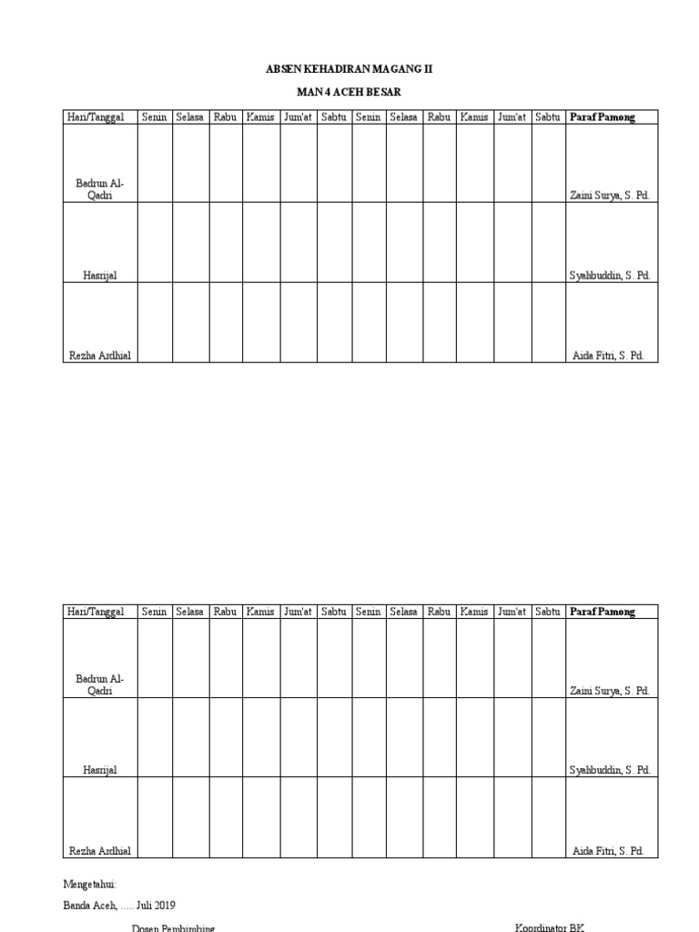 Contoh Absen Kehadiran Magang II | PDF