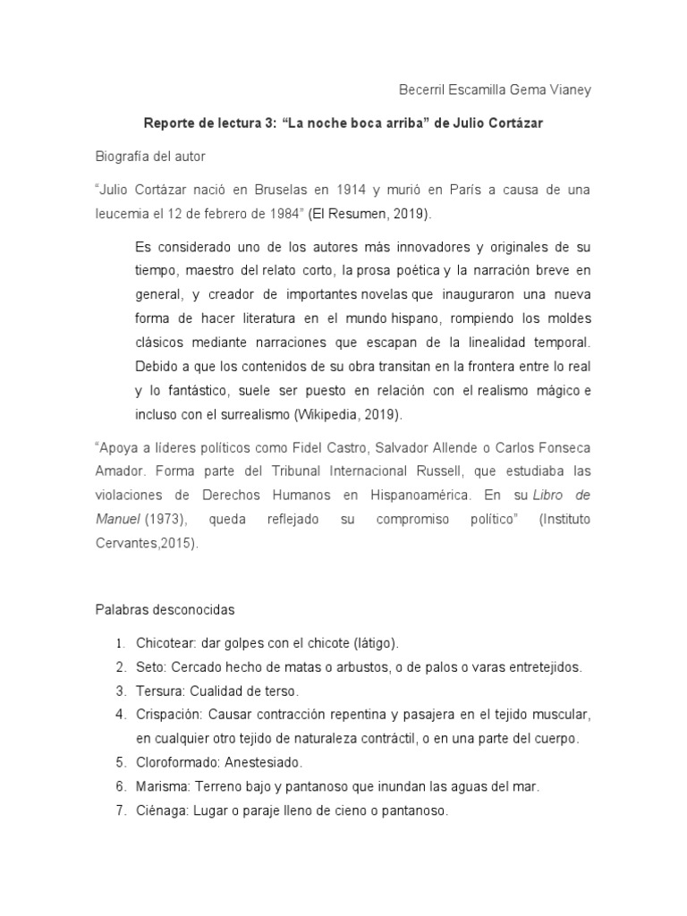 Reporte de Lectura 3 "La Noche Boca Arriba" de Julio Cortázar | PDF