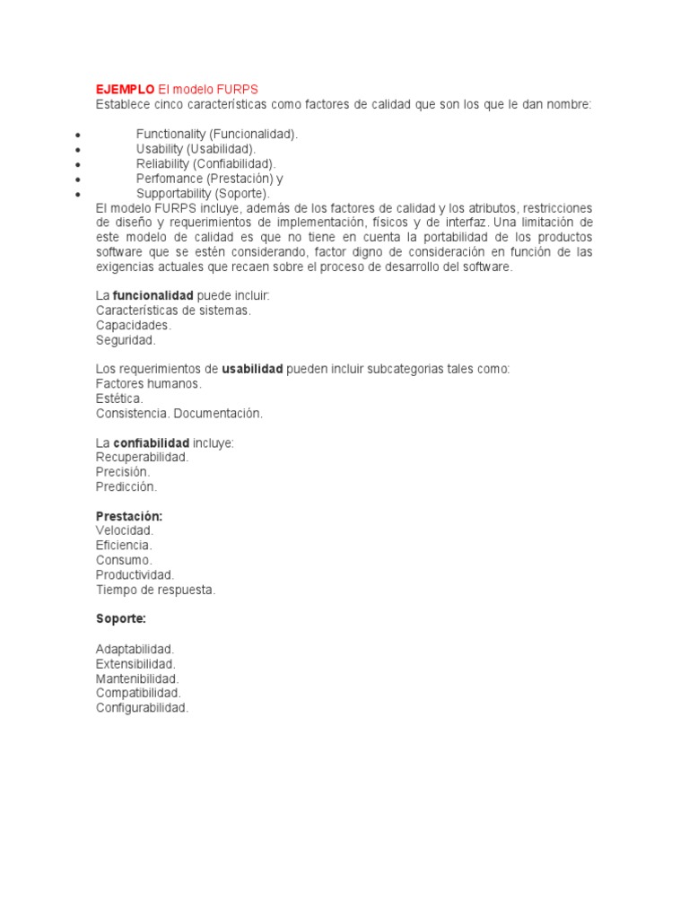 Modelo FURPS y sus características | PDF | Usabilidad | Ingeniería de ...