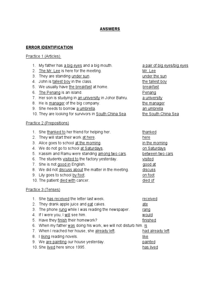 1 ANSWERS For Error Identification | PDF | Syntactic Relationships | Syntax