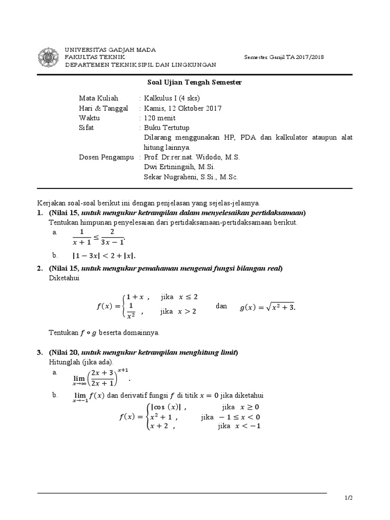 Soal UTS Kalkulus I Teknik Sipil 2017 2018 PDF | PDF