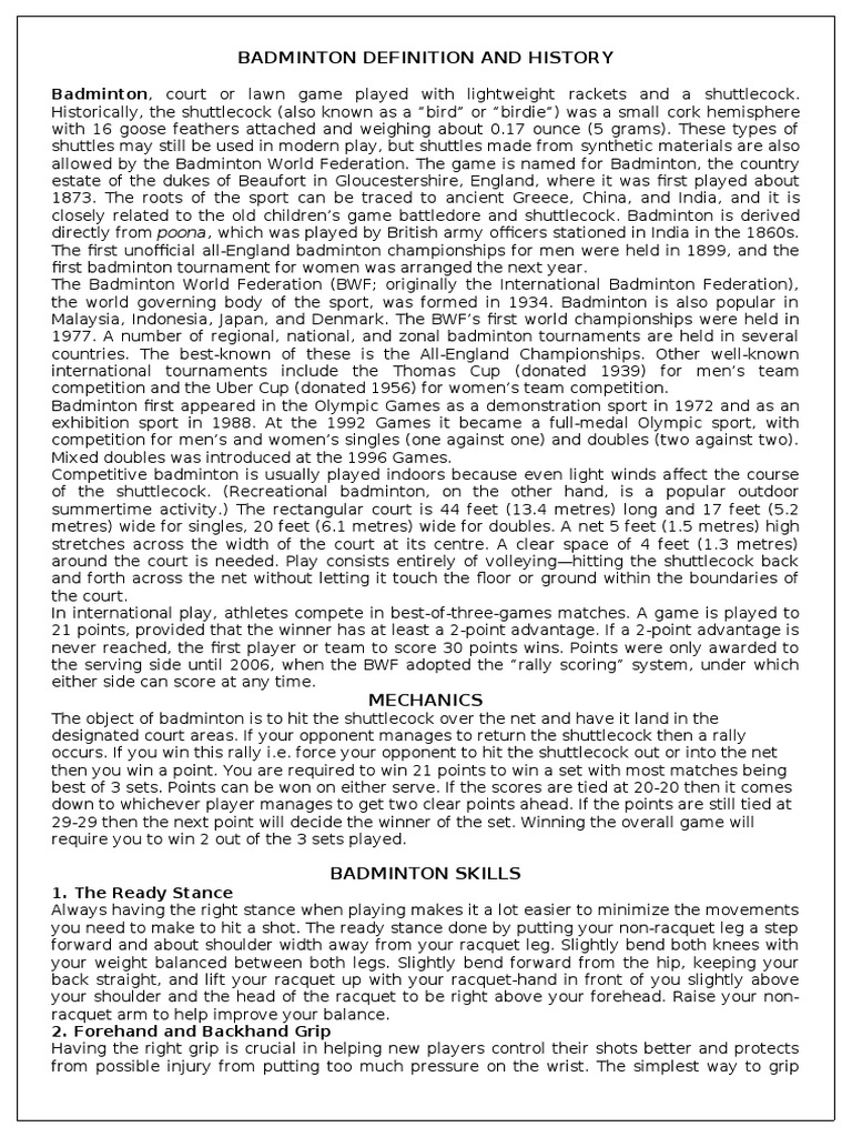 Badminton Definition and History | PDF | Racquet Sports | Ball Games