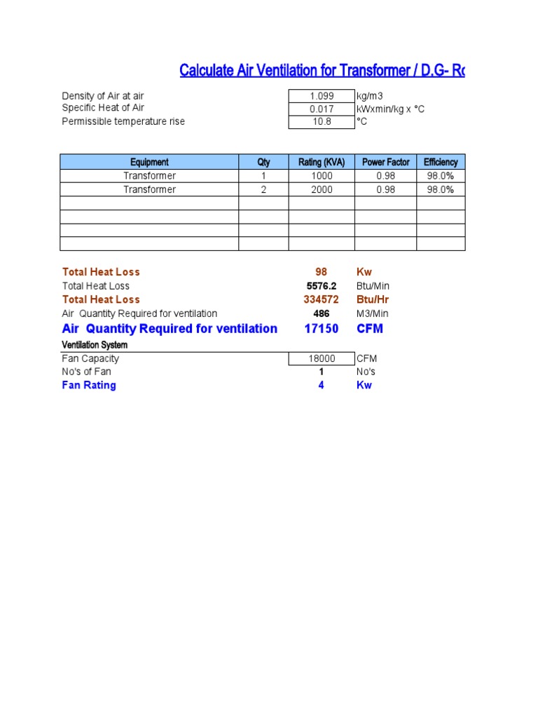 Air Ventilation Calculation for Transformers | PDF
