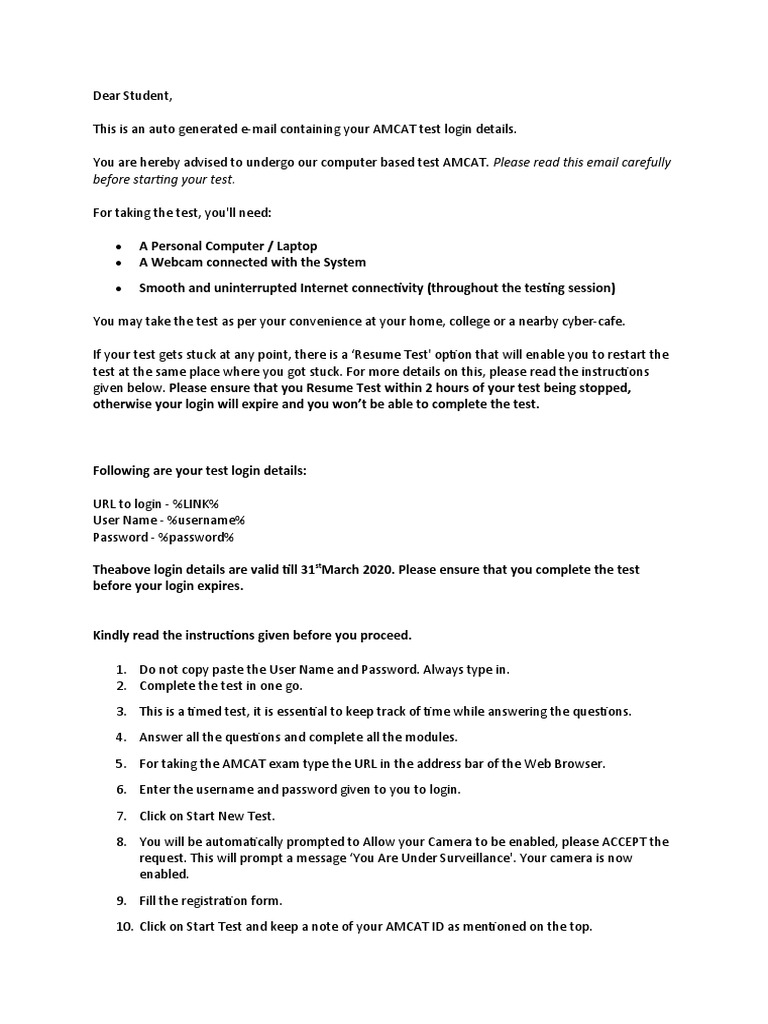 Autoproc - Instructions For AMCAT Test - LNCT | PDF | Login | Password