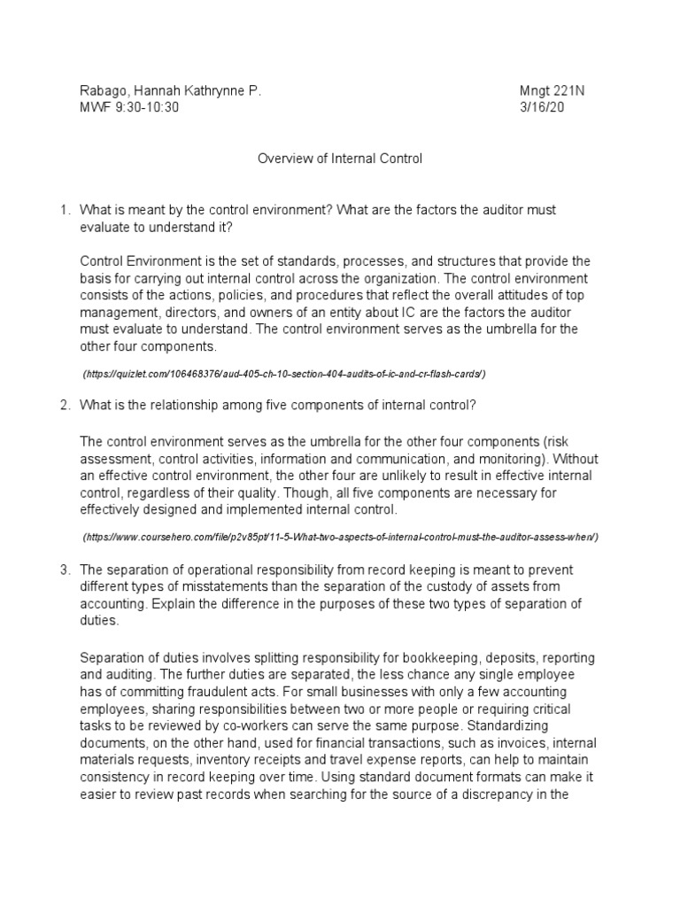 Overview of Internal Control Assignment | PDF | Internal Control ...