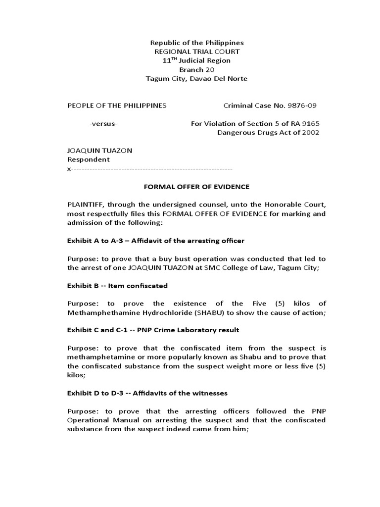 Formal Offer of Evidence | PDF | Prosecutor | Evidence