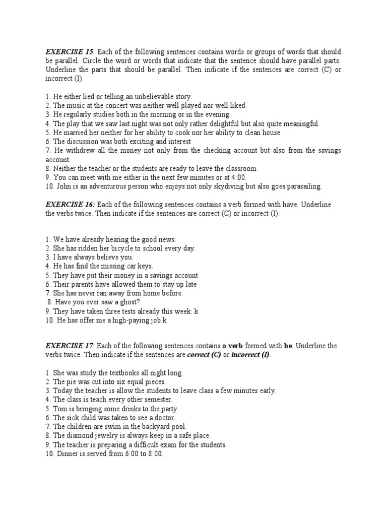 Identifying Parallel Structure and Verb Forms in Sentences: An Exercise ...