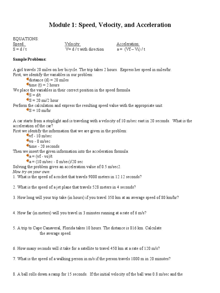 Module 1speed Velocity Acceleration Test Practice | PDF | Speed | Velocity