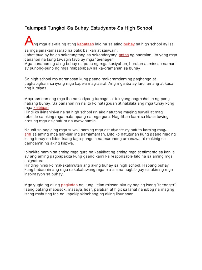 Talumpati Tungkol Sa Buhay Estudyante Sa High School | PDF