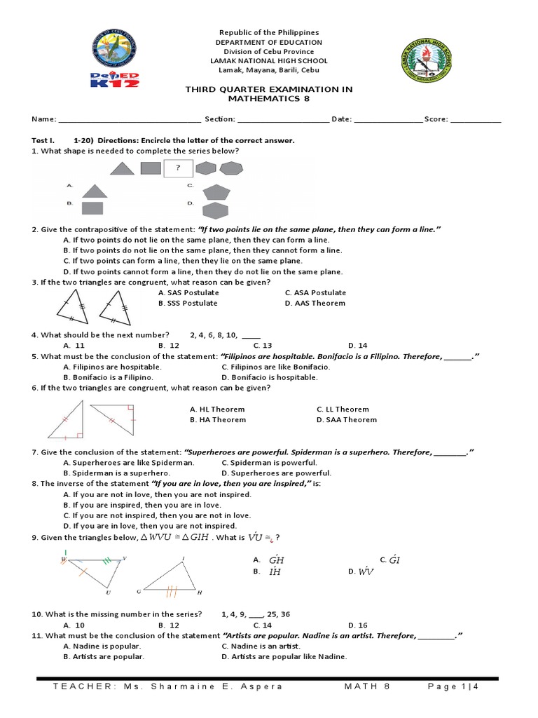 Lamak National High School Q3 Math Exam | PDF | Classical Geometry | Euclid