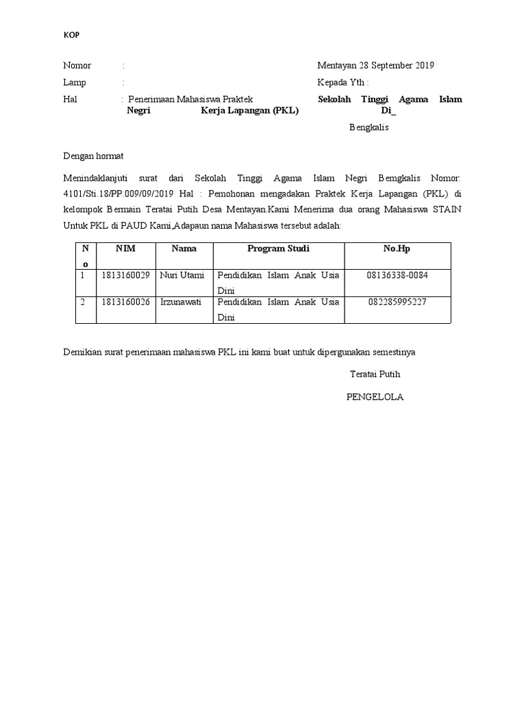 Surat Balasan PPL | PDF