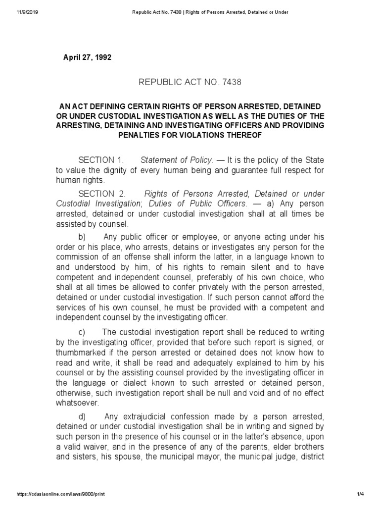 Republic Act No. 7438 - Rights of Persons Arrested, Detained or Under ...