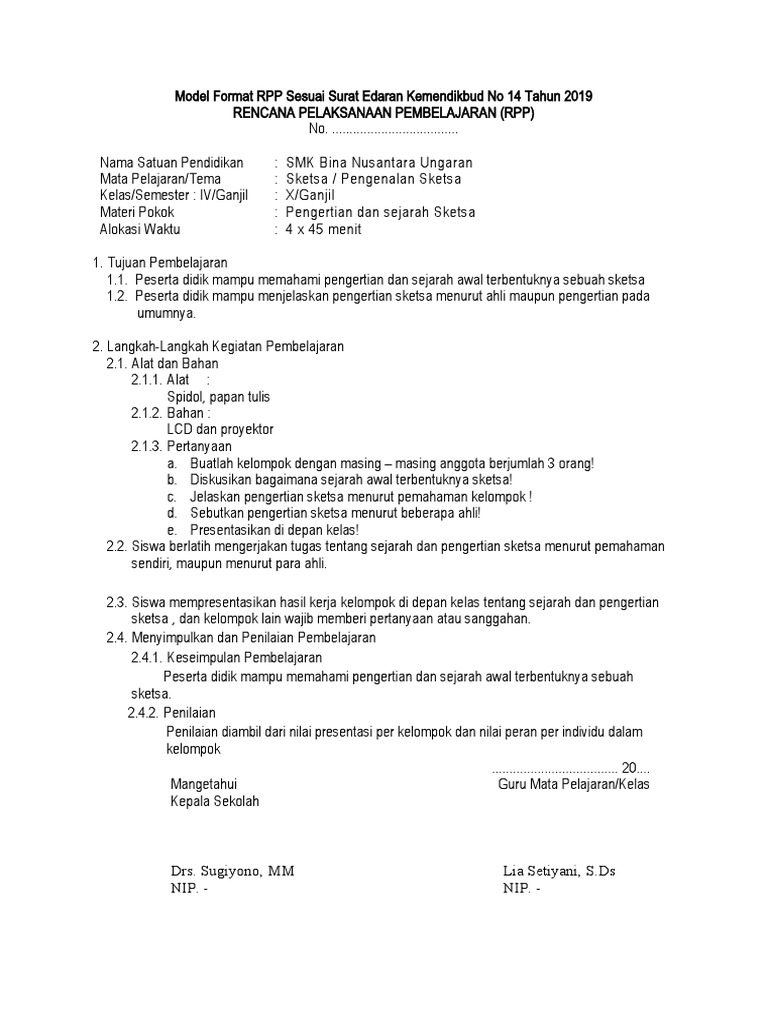 RPP Sketsa untuk SMK Kelas X | PDF