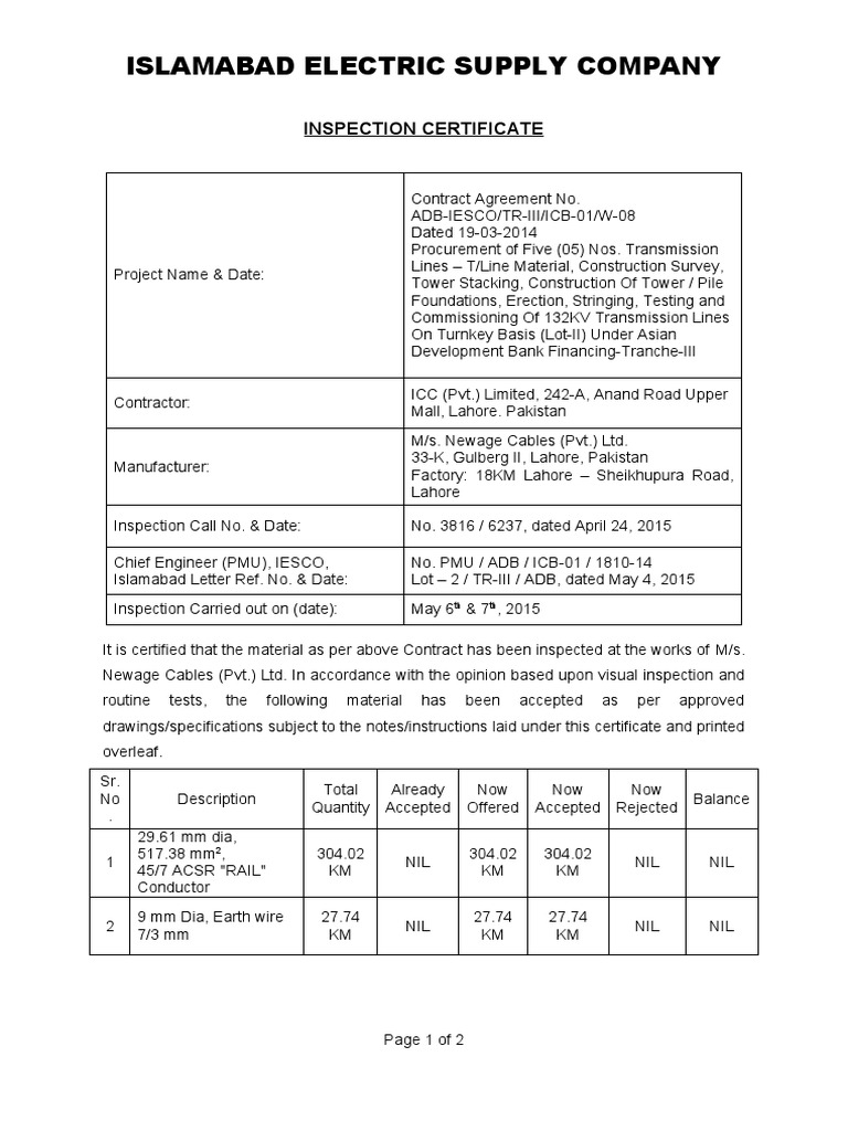 Inspection Certificate-Ist Inspection | PDF | Engineering | Business