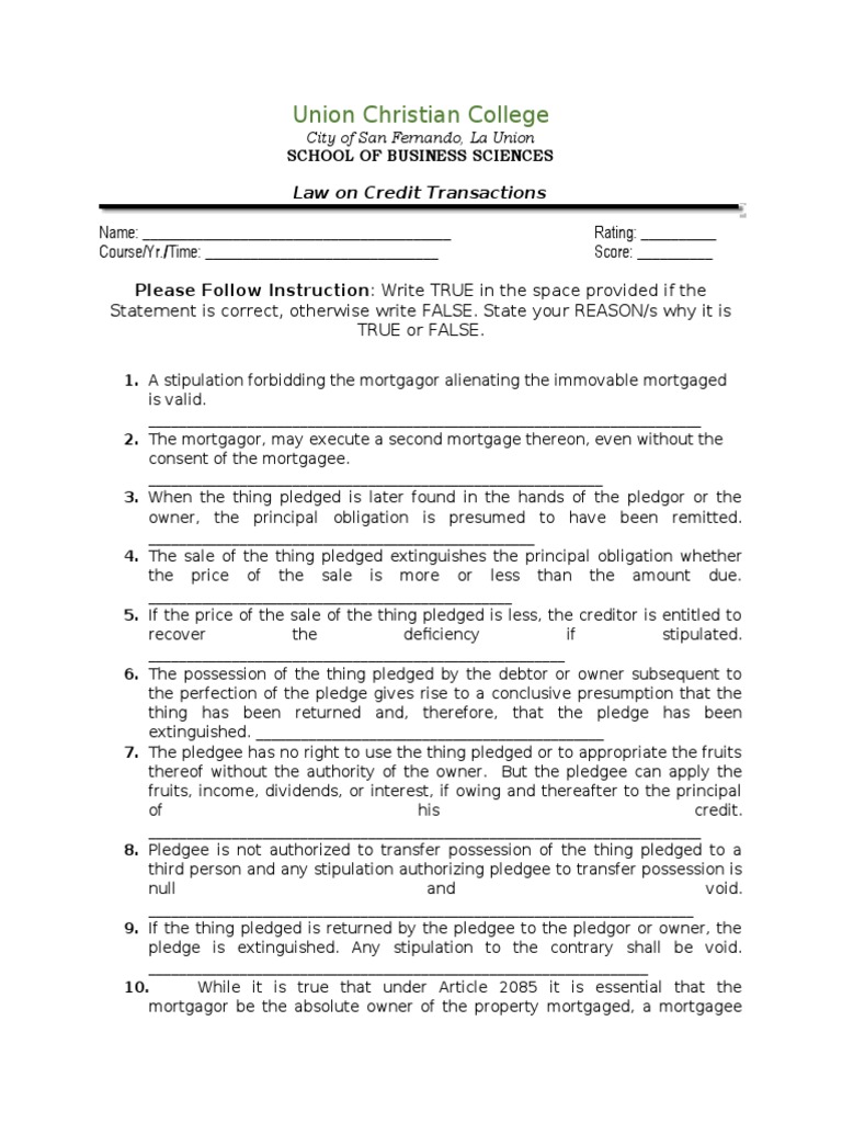 ONLINE QUIZ Pledge Morgage and Antichresis | PDF | Mortgage Law ...