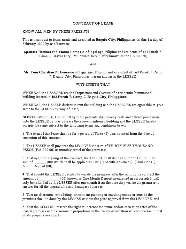 Initial Draft (CONTRACT OF LEASE) | PDF | Lease | Property Law