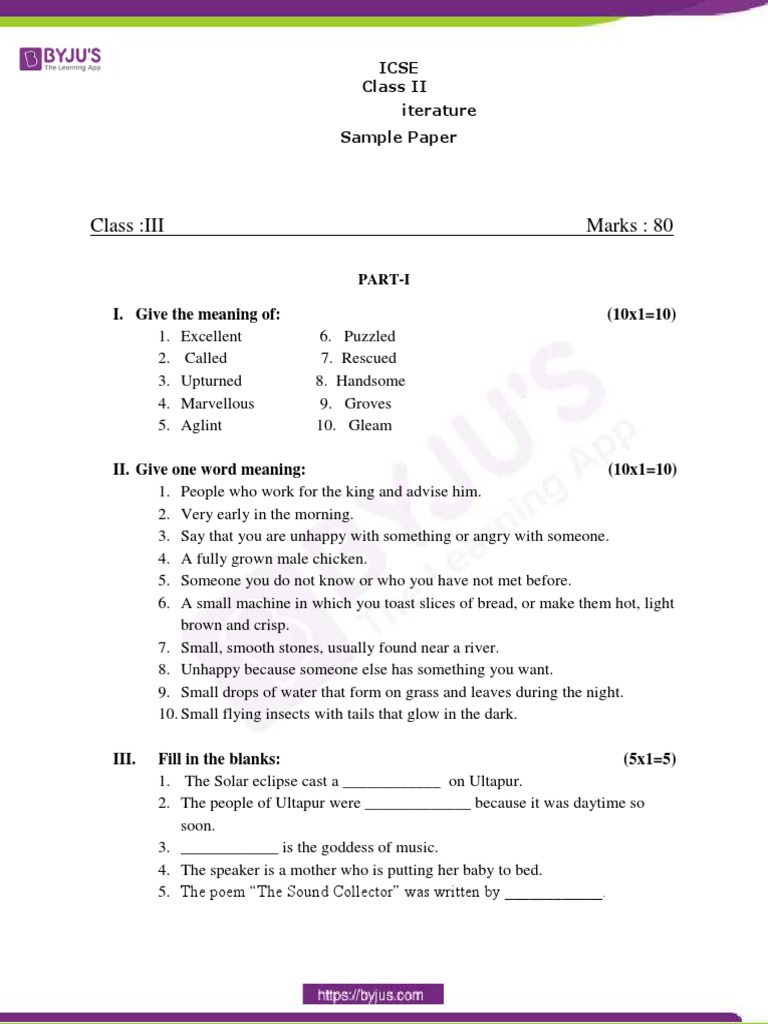 ICSE Class 3 English Literature Sample Paper PDF | PDF