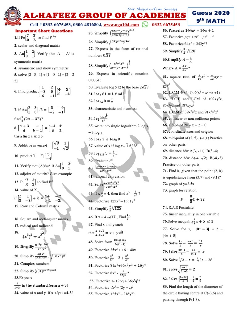 100% Guess Math 9th For All Board PDF | PDF | Logarithm | Space