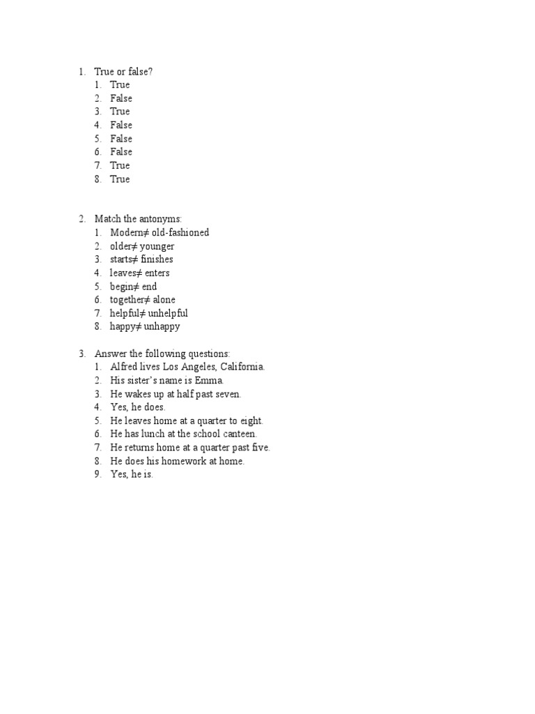 Alfred's Daily Routine - Answer Key | PDF