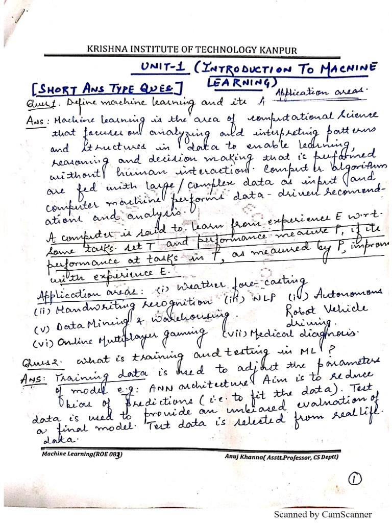AKTU Notes Machine Learning (ROE083) Unit-1 - UPTU Notes PDF | PDF