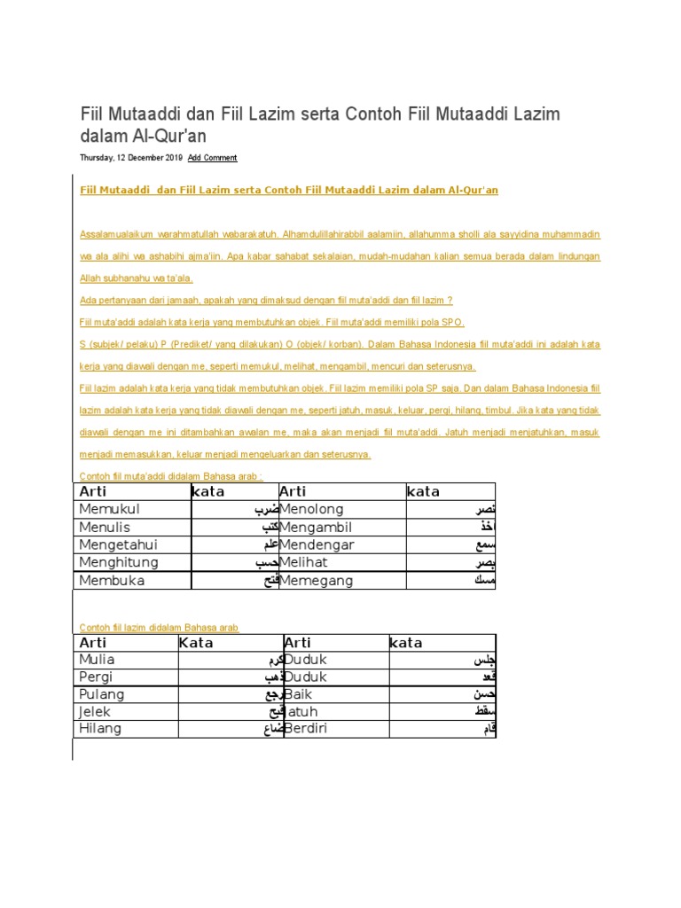 ARABIC-Fiil Mutaaddi Dan Fiil Lazim Serta Contoh | PDF