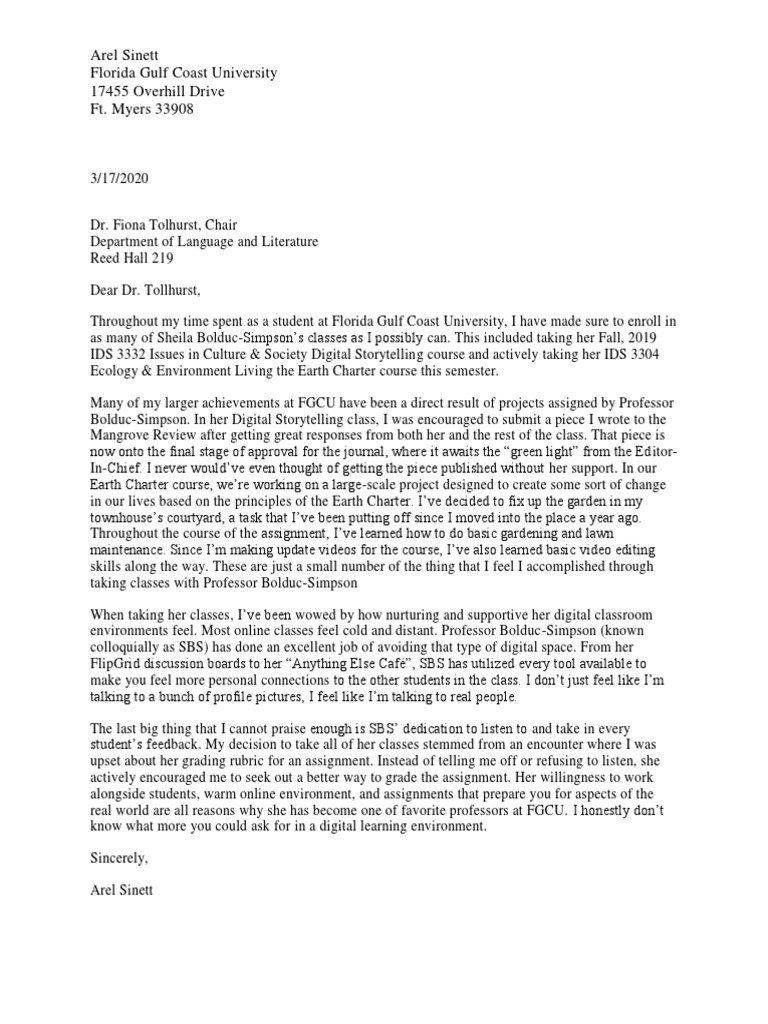 Arel Sinett Student Letter of Support | PDF | Pedagogy | Teaching