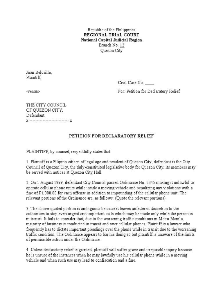 Sample Form Petition For Declaratory Relief | PDF | Declaratory Judgment | Metro Manila