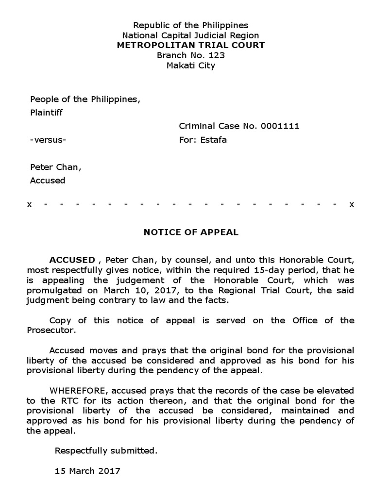 Notice of Appeal Criminal Case MTC To RTC | PDF | Makati | Affidavit