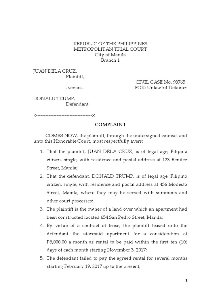 Sample - Complaint For Unlawful Detainer | PDF | Lawsuit | Complaint
