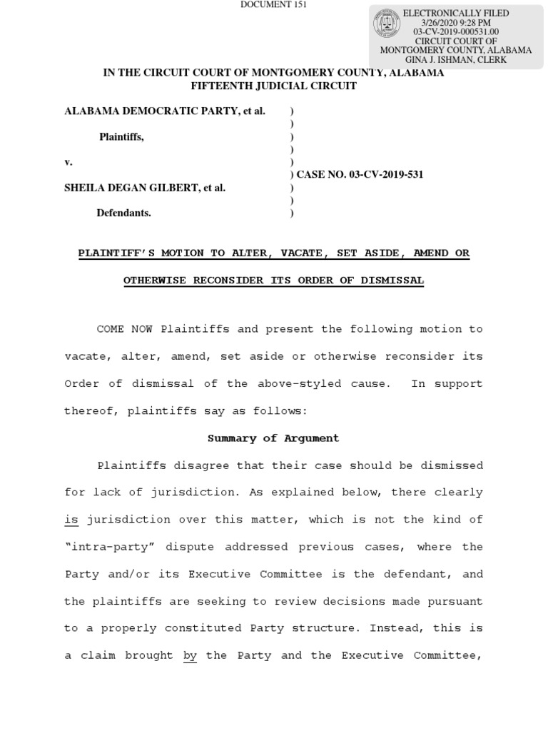 Democratic Party Lawsuit Motion To Reconsider | PDF | Lawsuit ...