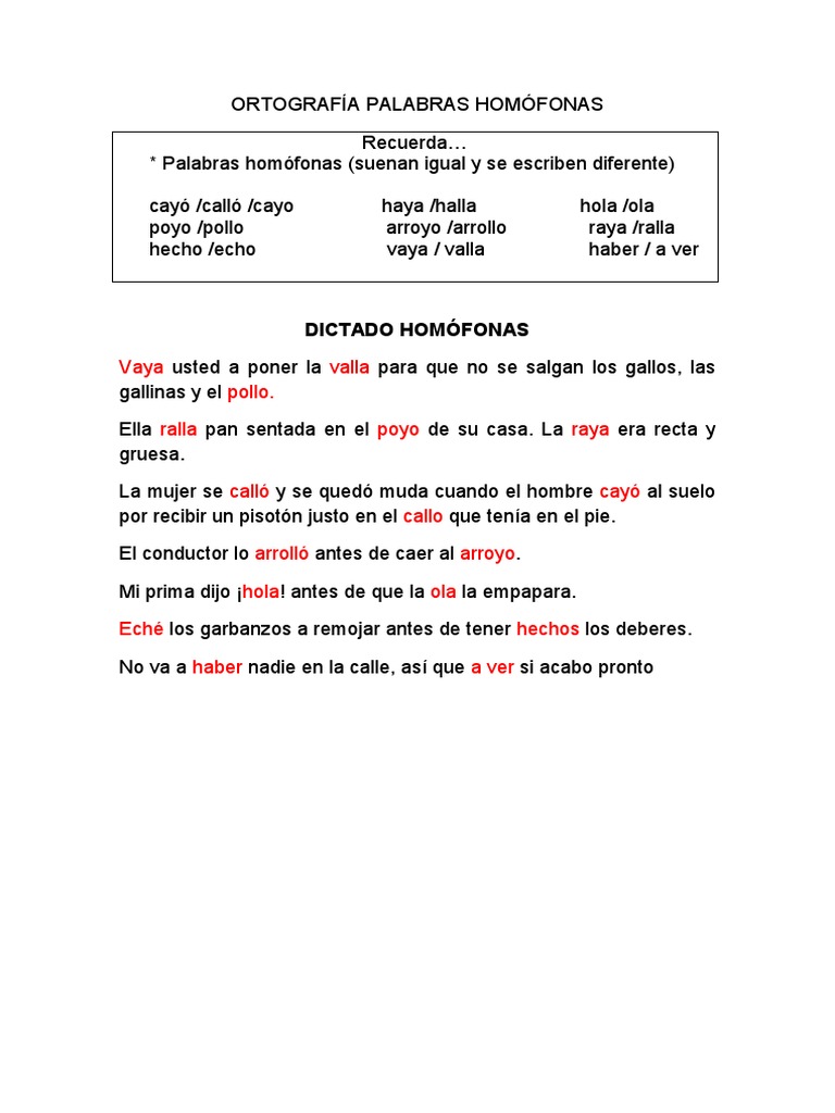 Palabras homófonas en contexto: Ejemplos de uso y dictado | PDF