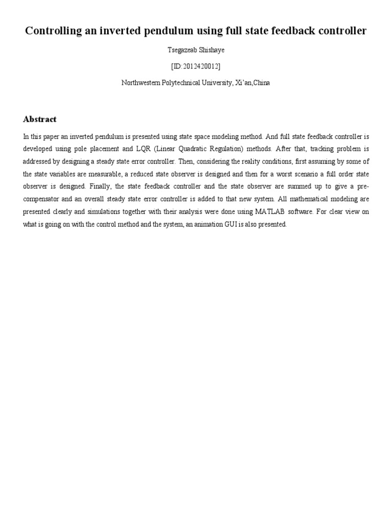 Controlling An Inverted Pendulum Using S PDF | PDF | Control Theory | Feedback