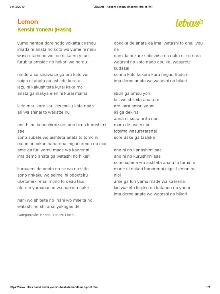 Kenshi Yonezu's "Lemon" Lyrics | PDF