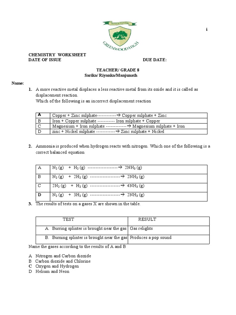 Grade 8 Displacement Reactions Worksheet | PDF | Oxide | Magnesium