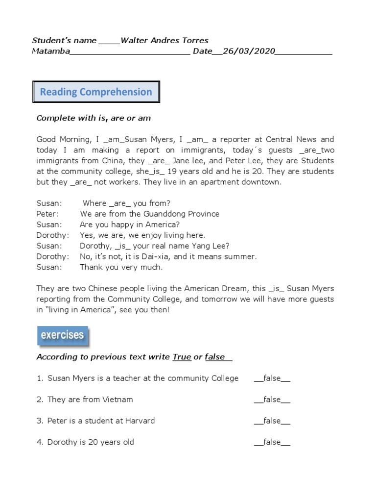 Reading Comprehension Verb To Be. | PDF