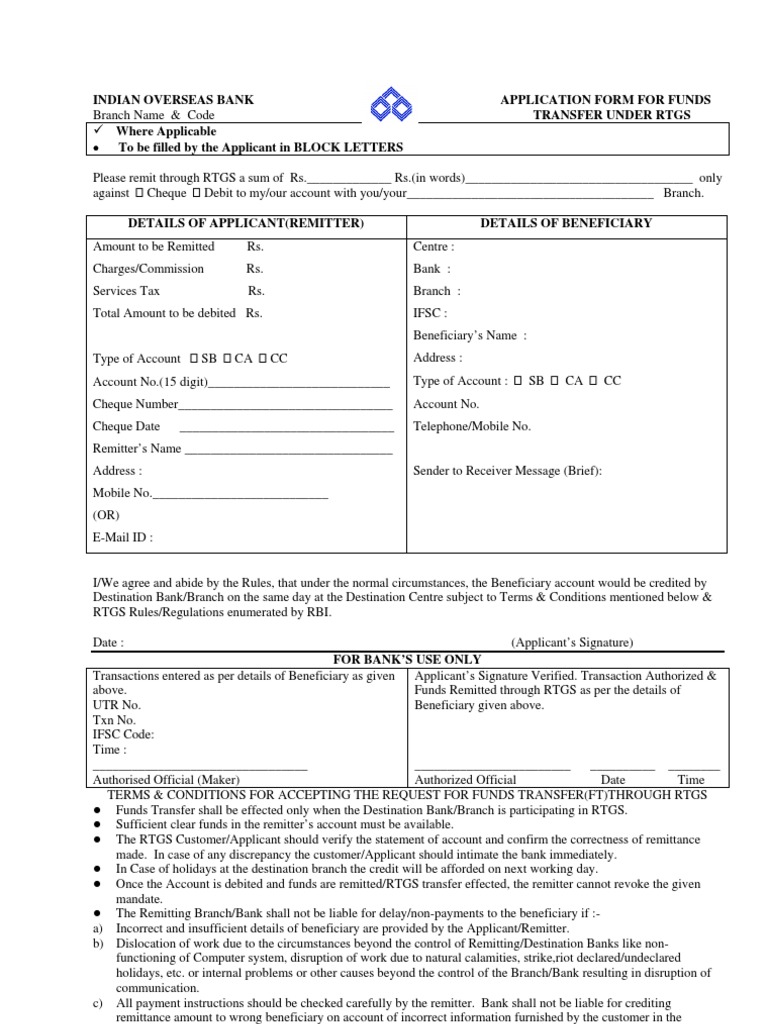 Application for Funds Transfer through Real Time Gross Settlement (RTGS ...