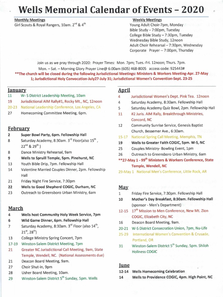 2020 Wells Memorial COGIC Calendar | PDF