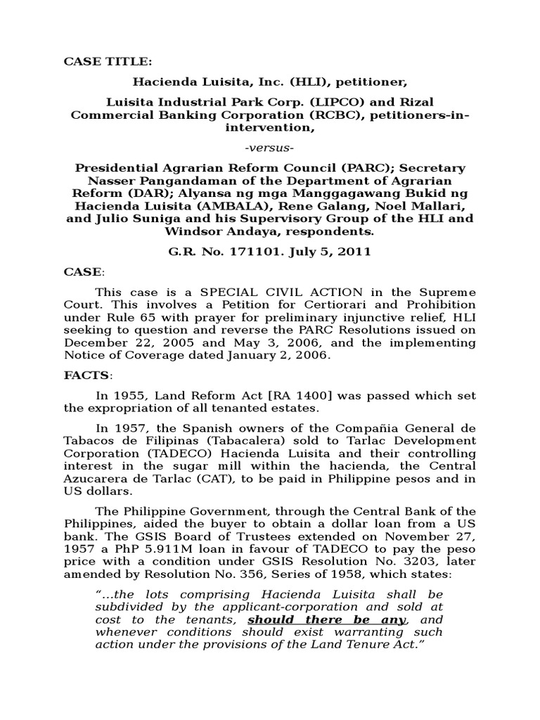 Hacienda Luisita Vs PARC Case Digest PDF | PDF | Leasehold Estate | Government